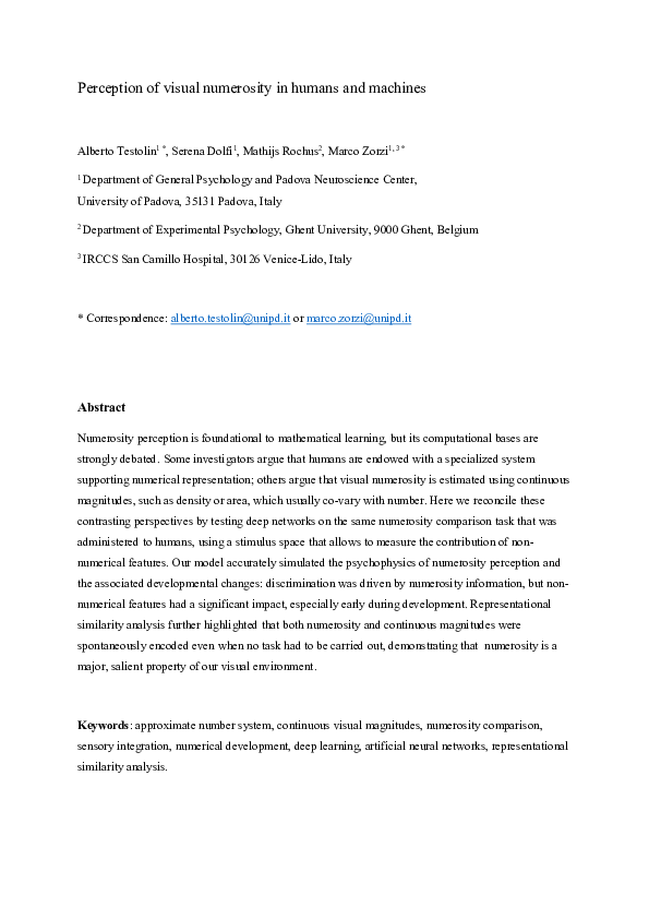 (PDF) Perception of visual numerosity in humans and machines