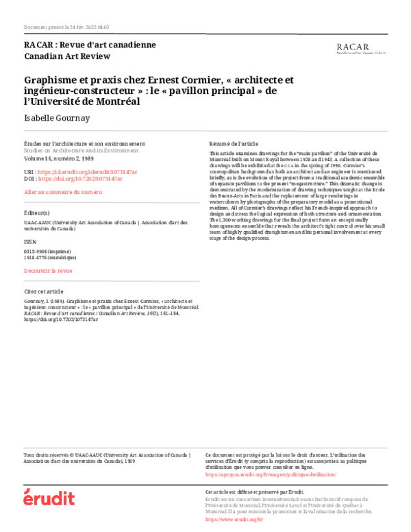 (PDF) Graphisme et praxis chez Ernest Cormier, « architecte et ...