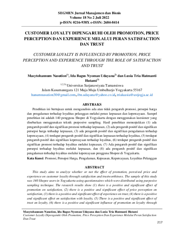 (PDF) Pengaruh Promotion, Price Perception Dan Experience Terhadap ...