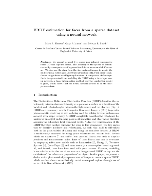 Pdf Brdf Estimation For Faces From A Sparse Dataset Using A Neural