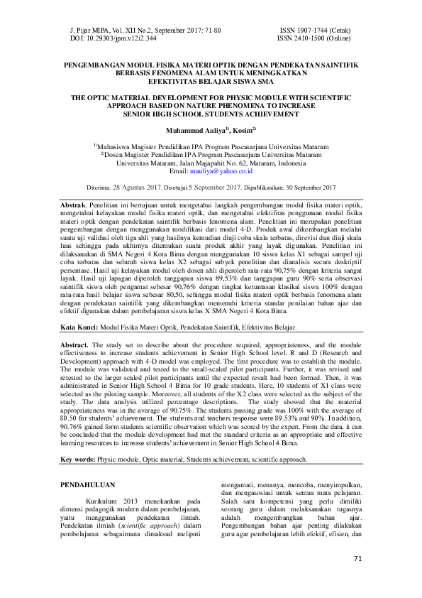 (PDF) Pengembangan Modul Fisika Materi Optik Dengan Pendekatan Saintifik Berbasis Fenomena Alam ...