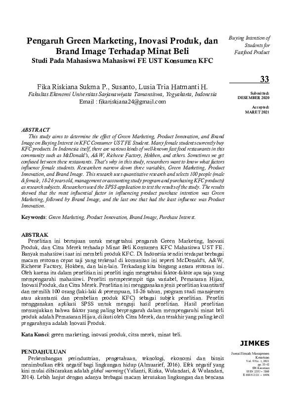 (PDF) PENGARUH GREEN MARKETING, INOVASI PRODUK, DAN BRAND IMAGE TERHADAP MINAT BELI (Studi pada ...