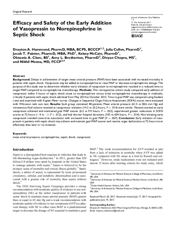 (PDF) Efficacy and Safety of the Early Addition of Vasopressin to Norepinephrine in Septic Shock