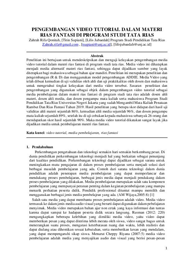 (PDF) Pengembangan Video Tutorial Dalam Materi Rias Fantasi DI Program Studi Tata Rias