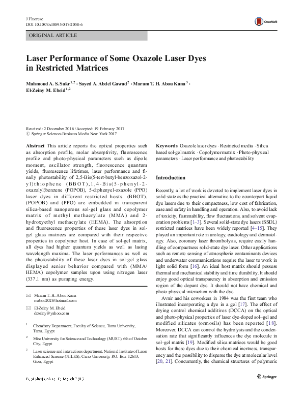 (PDF) Laser Performance of Some Oxazole Laser Dyes in Restricted Matrices