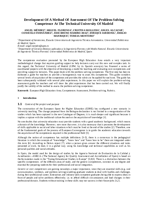 (PDF) Development of a method of assessment of the problem-solving competence at the Technical ...