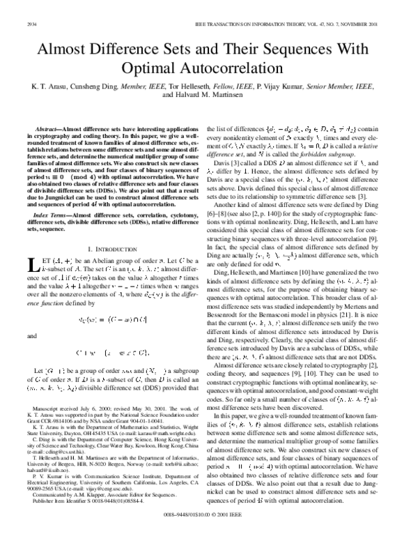 (PDF) Almost difference sets and their sequences with optimal autocorrelation
