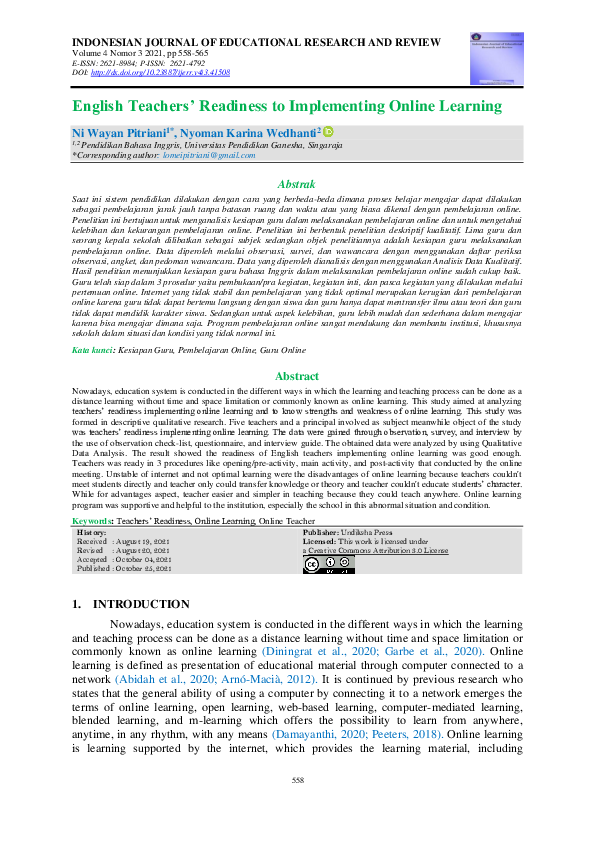(PDF) English Teachers’ Readiness to Implementing Online Learning