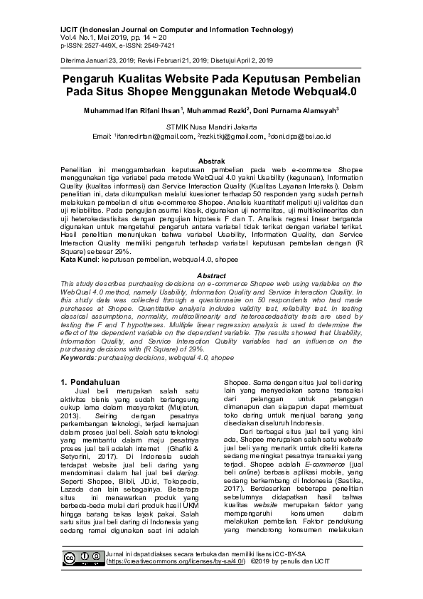(PDF) Pengaruh Kualitas Website Pada Keputusan Pembelian Pada Situs Shopee Menggunakan Metode ...
