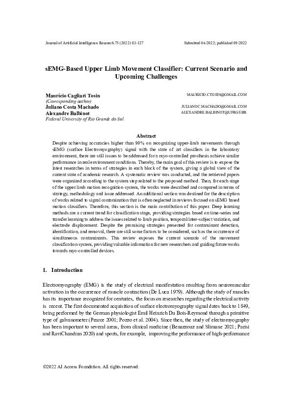 Pdf Semg Based Upper Limb Movement Classifier Current Scenario And Upcoming Challenges