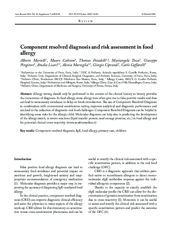 (PDF) Component resolved diagnosis and risk assessment in food allergy