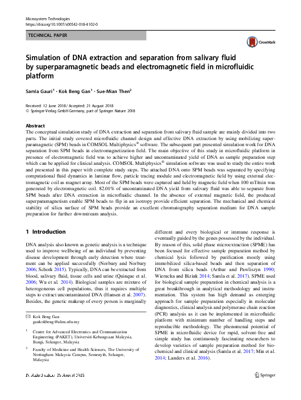 (PDF) Simulation of DNA extraction and separation from salivary fluid by superparamagnetic beads ...