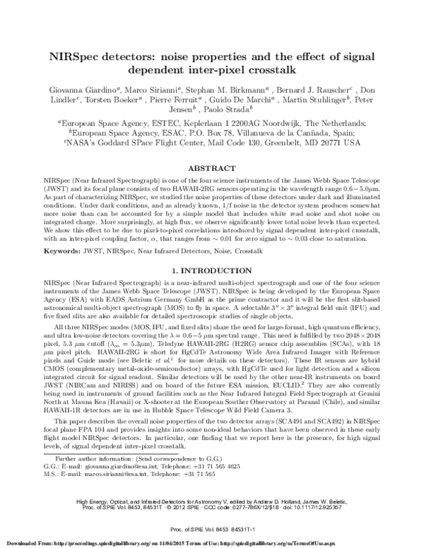 (PDF) NIRSpec detectors: noise properties and the effect of signal dependent inter-pixel crosstalk