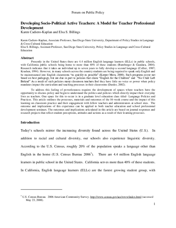 Pdf Developing Socio Political Active Teachers A Model For Teacher Professional Development