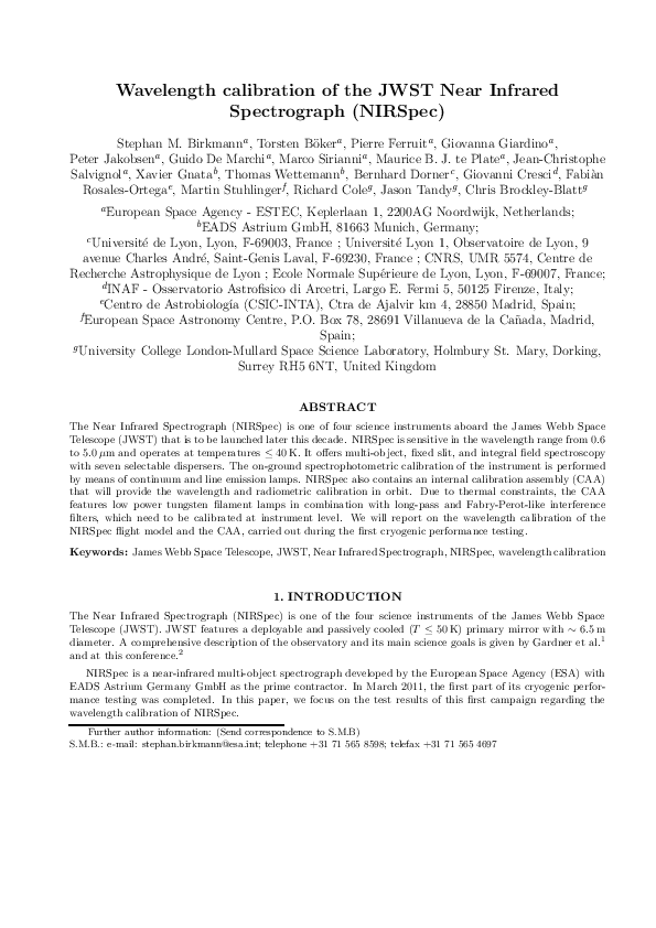 (PDF) Wavelength calibration of the JWST near-infrared spectrograph (NIRSpec)