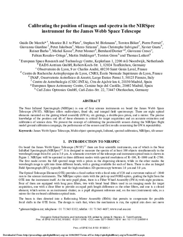 (PDF) Calibrating the position of images and spectra in the NIRSpec instrument for the James ...