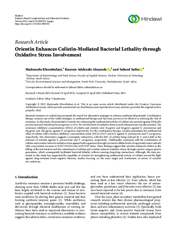 (PDF) Orientin Enhances Colistin-Mediated Bacterial Lethality through ...