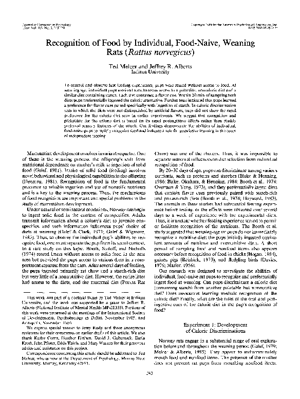 (PDF) Recognition of food by individual, food-naive, weaning rats ...