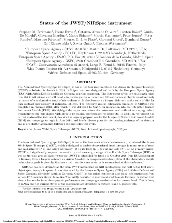 (PDF) Status of the JWST/NIRSpec instrument