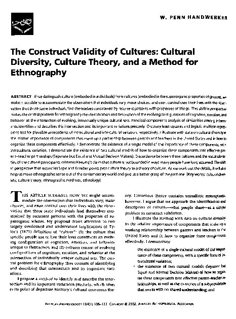(PDF) The Construct Validity of Cultures: Cultural Diversity, Culture ...