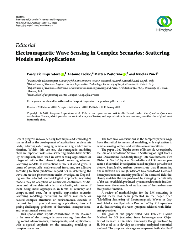 (PDF) Electromagnetic Wave Sensing in Complex Scenarios: Scattering Models and Applications