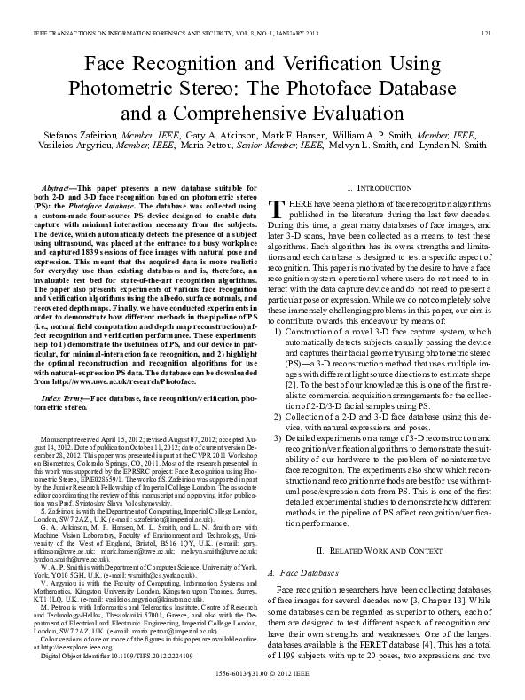 Pdf Face Recognition And Verification Using Photometric Stereo The Photoface Database And A