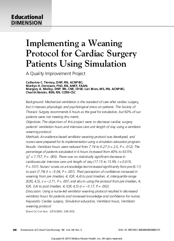 (PDF) Implementing a Weaning Protocol for Cardiac Surgery Patients Using Simulation