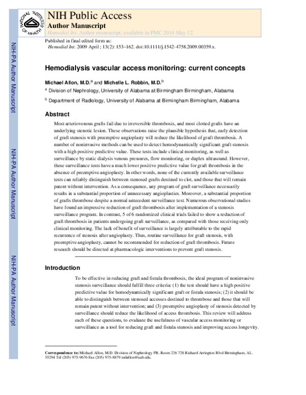 (PDF) Hemodialysis vascular access monitoring: Current concepts