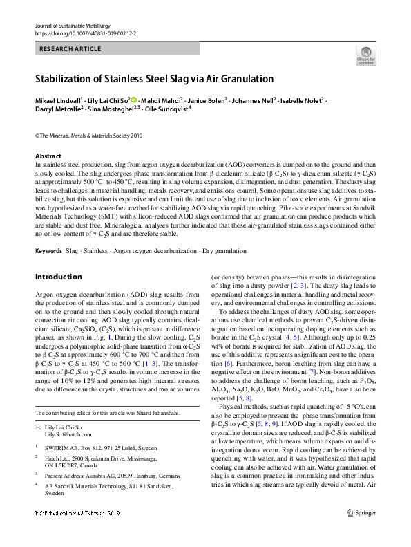 (PDF) Stabilization of Stainless Steel Slag via Air Granulation
