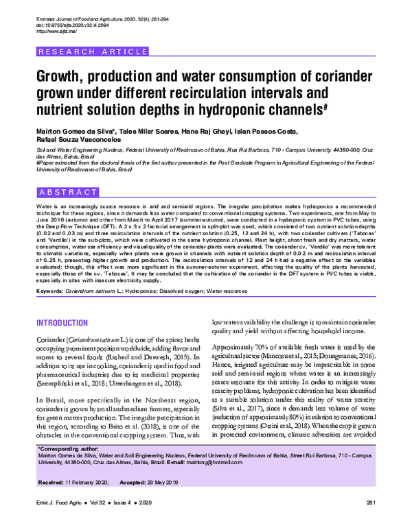 (PDF) Growth, production and water consumption of coriander grown under ...