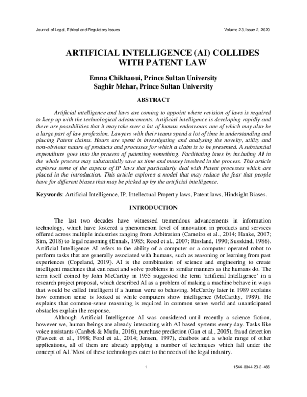 (PDF) Artificial Intelligence (AI) Collides with Patent Law