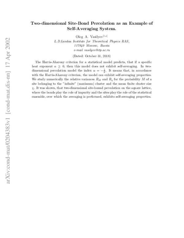 (PDF) Two-dimensional site-bond percolation as an example of a self-averaging system