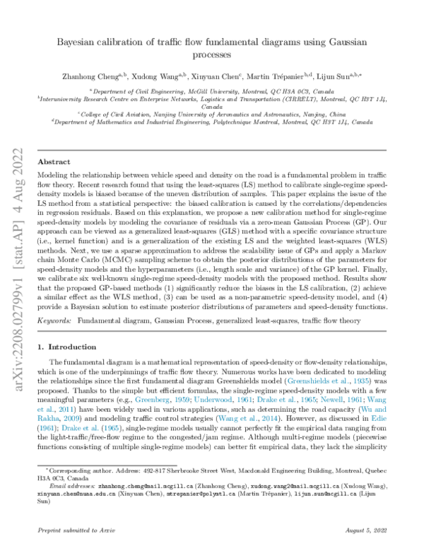 (PDF) Bayesian calibration of traffic flow fundamental diagrams using Gaussian processes