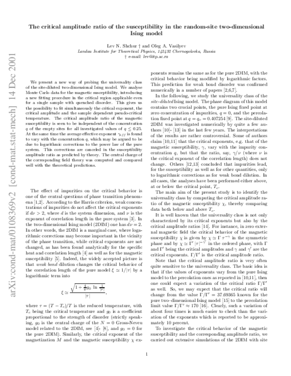 (PDF) Critical amplitude ratio of the susceptibility in the random-site two-dimensional Ising model