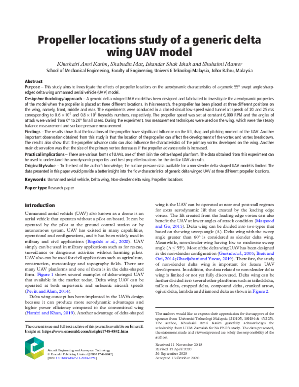 (PDF) Propeller locations study of a generic delta wing UAV model