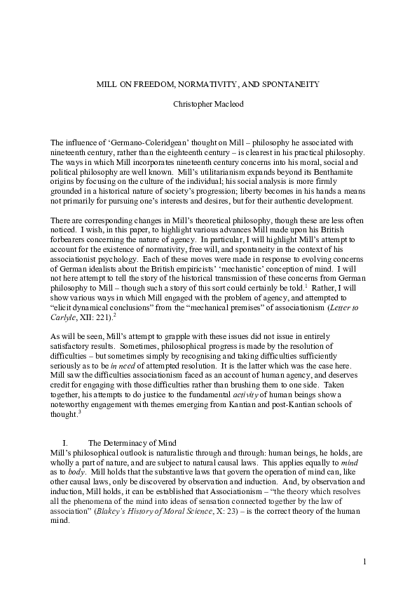 (PDF) Mill on Freedom, Normativity and Spontaneity