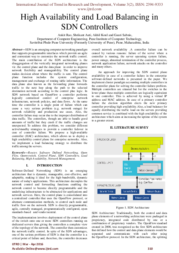 (PDF) High Availability and Load Balancing in SDN Controllers