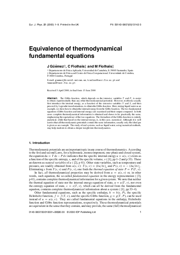 (PDF) Equivalence of thermodynamical fundamental equations