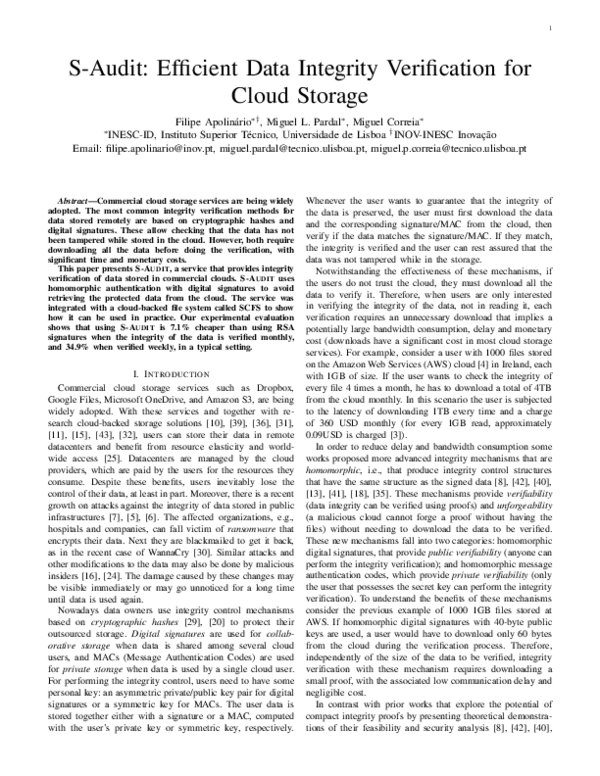 Pdf S Audit Efficient Data Integrity Verification For Cloud Storage
