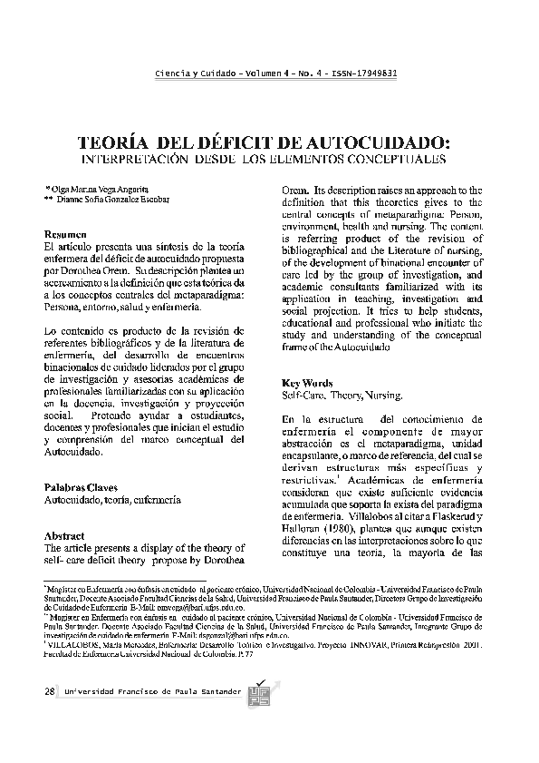 (PDF) Teoría del déficit de autocuidado: interpretación desde los elementos conceptuales