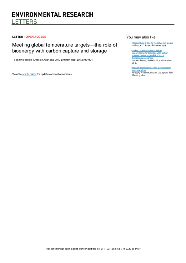 (PDF) Meeting global temperature targets—the role of bioenergy with ...