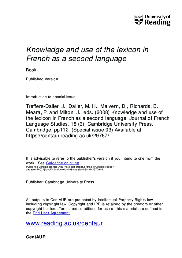 (PDF) Knowledge and use of the lexicon in French as a second language