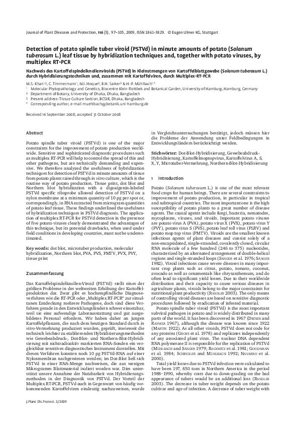 (PDF) Detection of potato spindle tuber viroid (PSTVd) in minute ...