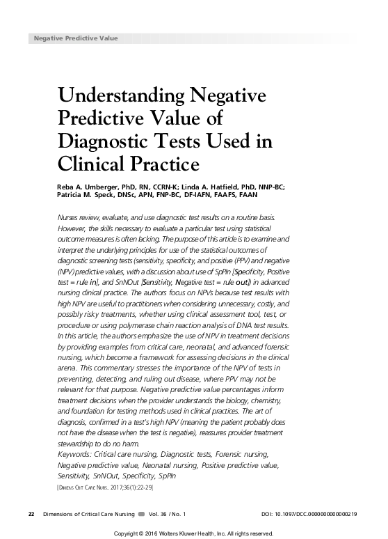 (PDF) Understanding Negative Predictive Value of Diagnostic Tests Used ...