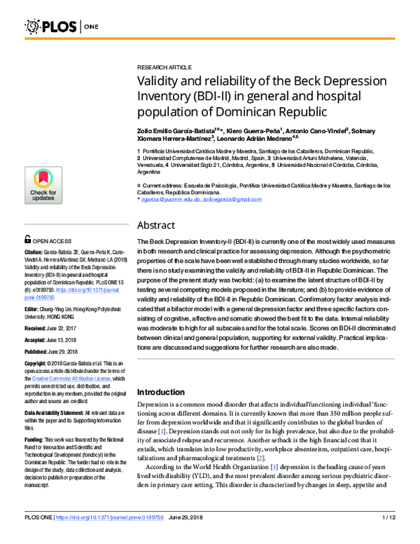 (PDF) Validity and reliability of the Beck Depression Inventory-Short ...