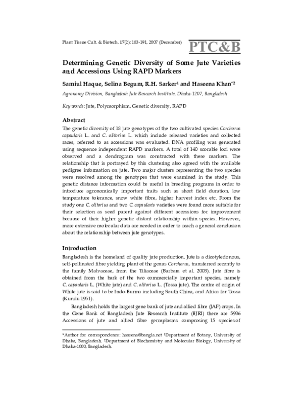 (PDF) Determining Genetic Diversity of Some Jute Varieties and Accessions Using RAPD Markers