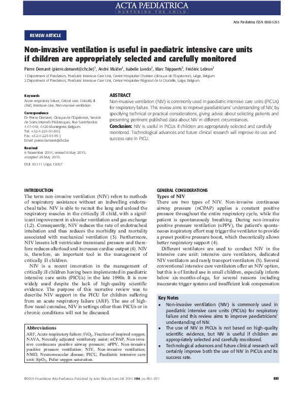 (PDF) Non-invasive ventilation is useful in paediatric intensive care ...