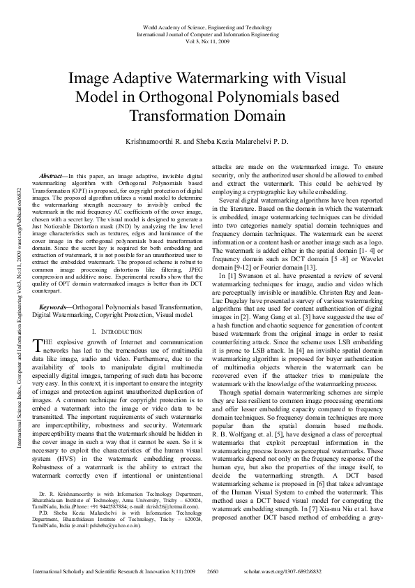 (PDF) Image Adaptive Watermarking With Visual Model In Orthogonal Polynomials Based ...