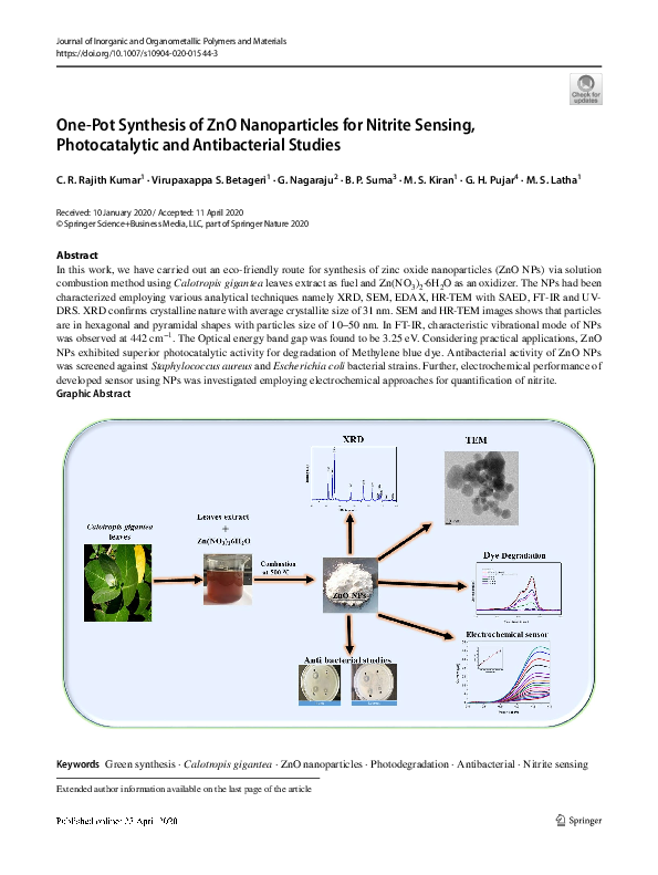 Pdf One Pot Synthesis Of Zno Nanoparticles For Nitrite Sensing Photocatalytic And