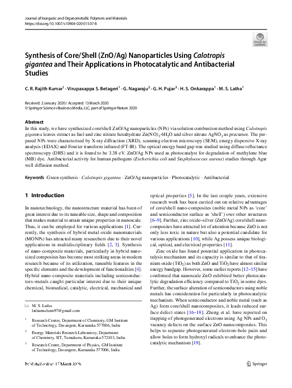 (PDF) Synthesis of Core/Shell (ZnO/Ag) Nanoparticles Using Calotropis gigantea and Their ...